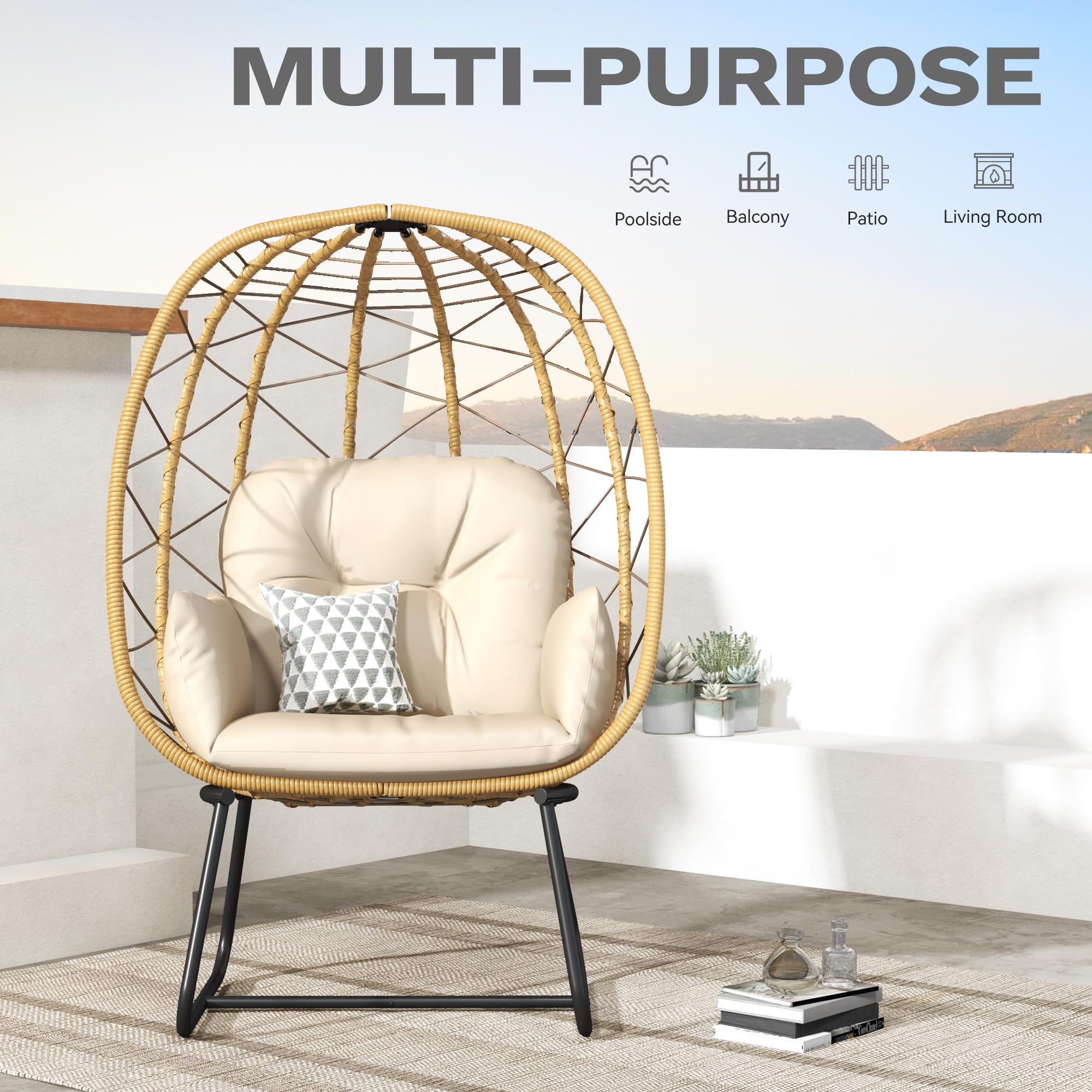 DWVO Egg Basket Chair Patio Chair with Stand Anti-Slip All-Weather Poratble Wicker Egg Lounger Chair for Indoor Outdoor 330LBS (Beige)