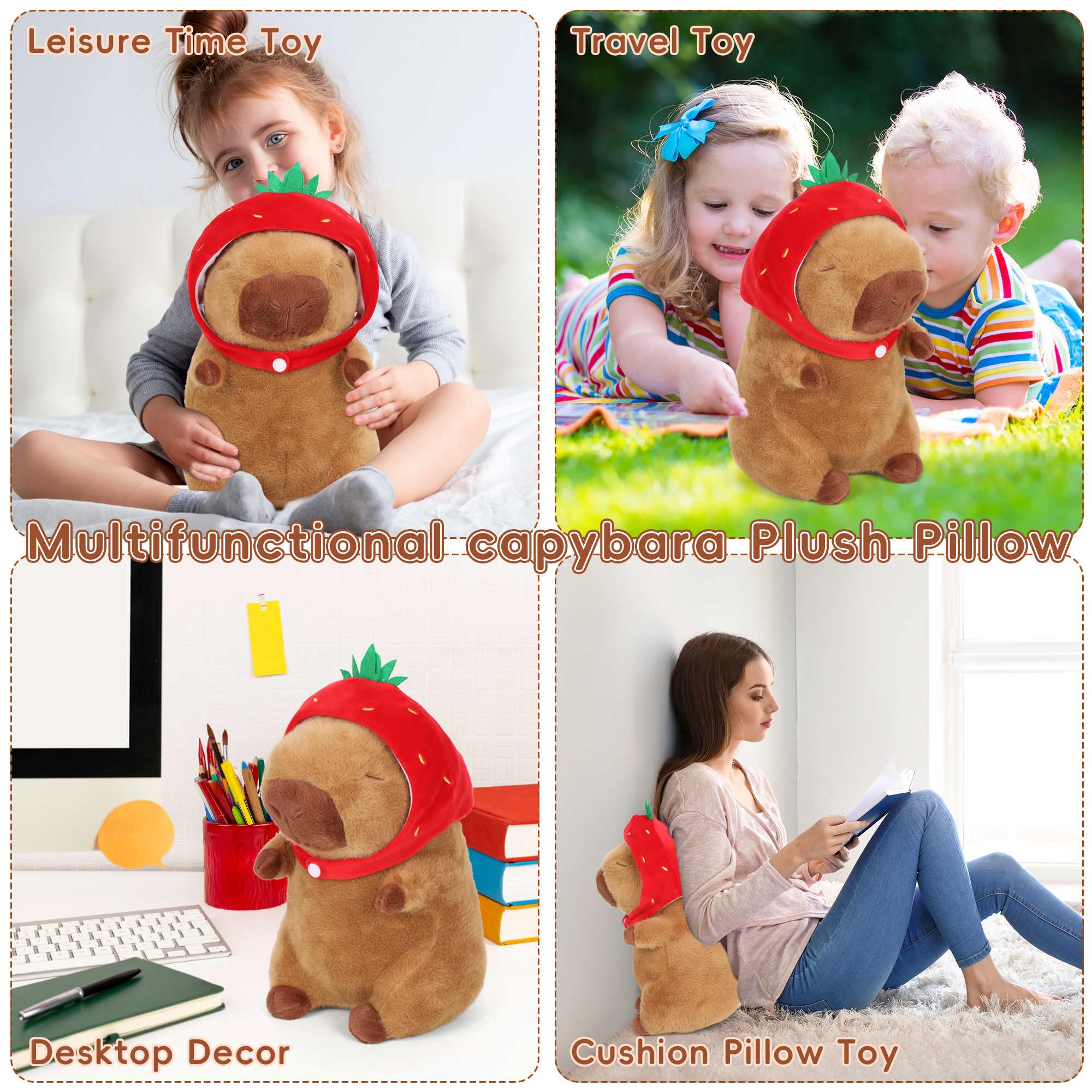 Cute Capybara Plush Wearing Strawberry Hat, 12 INCH Capybara Stuffed Toy Animals Plushies, Soft Capybara Doll Pillow for Kids Boys Girls Birthday Gifts