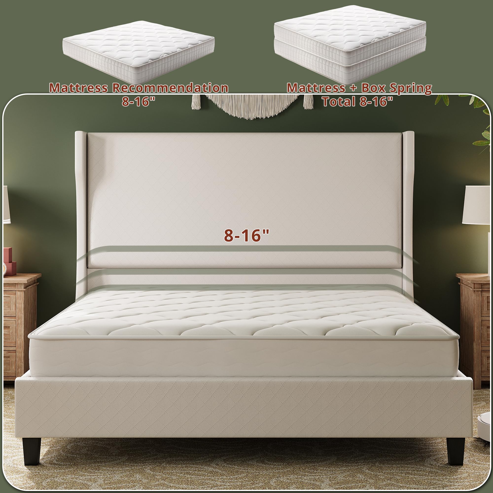 LIKIMIO King Bed Frame with 53.6" High Headboard, Upholstered Cama King Beds with Wood Slat Supports, No Box Spring Required, Easy Assembly, Cream