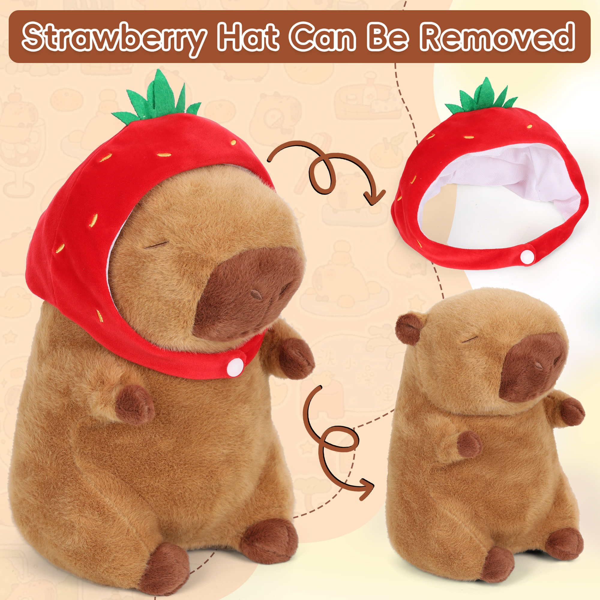 Cute Capybara Plush Wearing Strawberry Hat, 12 INCH Capybara Stuffed Toy Animals Plushies, Soft Capybara Doll Pillow for Kids Boys Girls Birthday Gifts