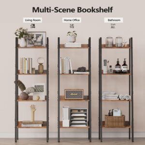 Bookshelf, Ladder Shelf with Steel Frame, 4-Tier Industrial Bookcase, Narrow Tiered Shelf for Small Space, Corner Shelf for Living Room, Home Office, Kitchen, Bedroom, Bathroom（Rustic Brown & Black）