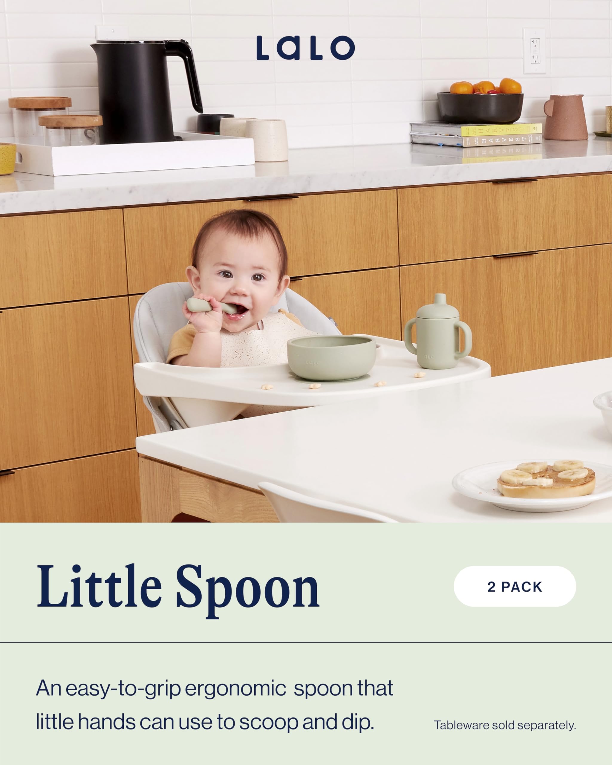 Lalo Little Spoon Set - 2 Piece Baby Spoons Set for Infants & Babies - Made From Food Grade Silicone Dishwasher Safe - Baby Feeding Essentials for Early Stage Mealtime - Oatmeal