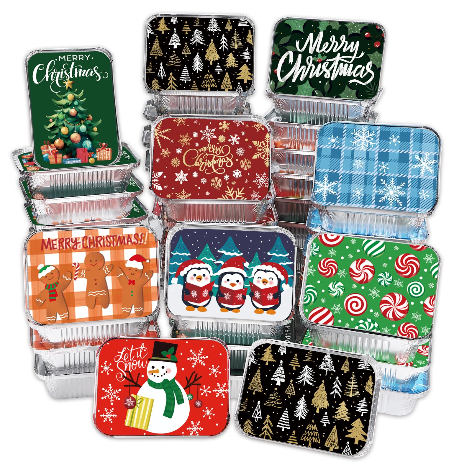 DIYDEC 36PCS Christmas Foil storage Containers 9 Styles Merry Christmas Disposable Leftover Food Containers with Lids Aluminum Cookie Tin Pans for Winter Holiday Gift Giving Party Supplies(Style B)