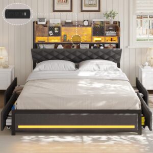 busyaeh queen bed frame with storage bed with 4 drawers bookcase headboard bed frame with led lights and bookcase headboard led bed frame with storage and charging station vintage brown