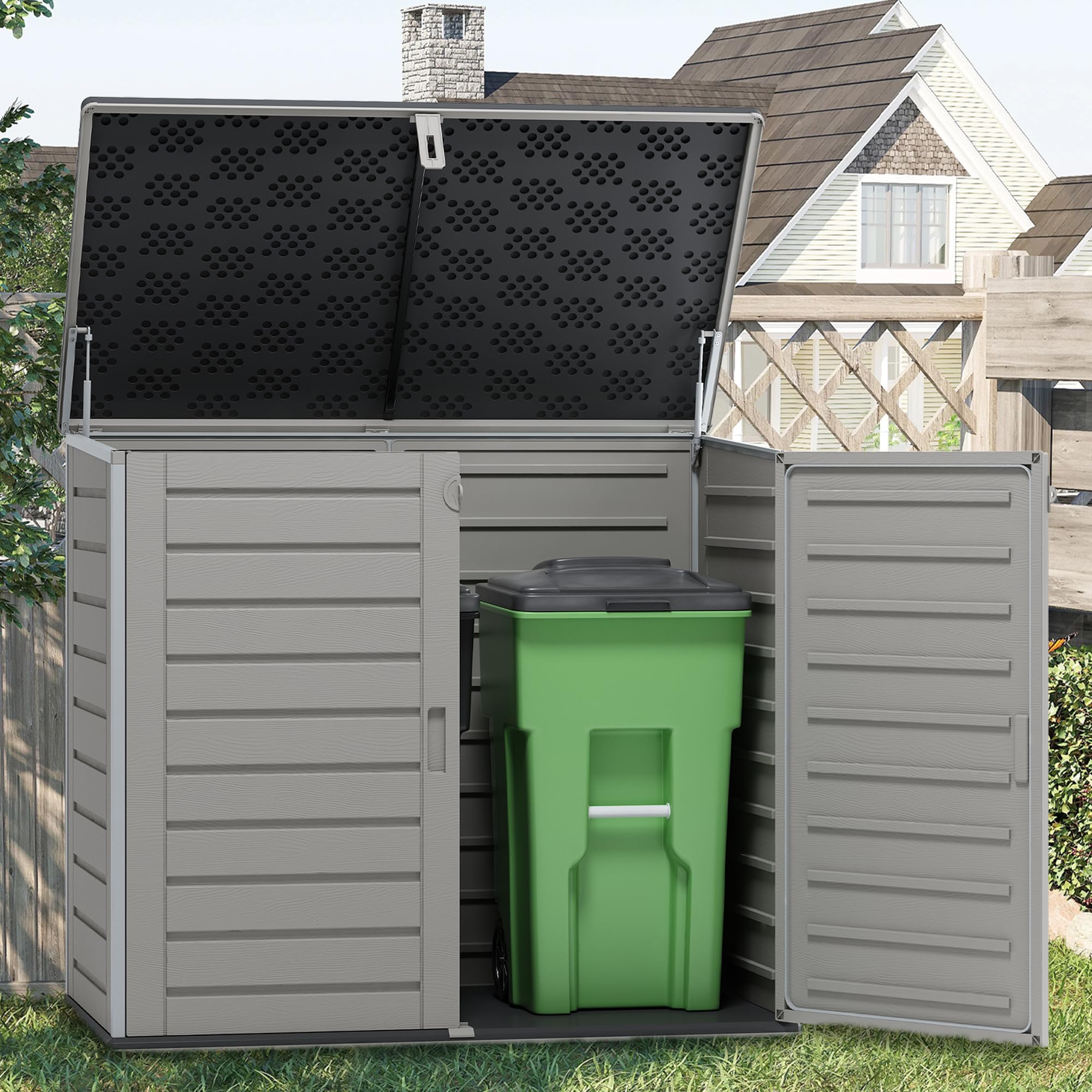 COCLUB 4.6 ft x 4.1 ft Resin Outdoor Storage Shed, 49.5 Cu Ft Extra Large Horizontal Tool Sheds, Multi-Purpose Storage Cabinet for Trash Cans, Garden Tools, Lawn Mower, Double Lockable Doors