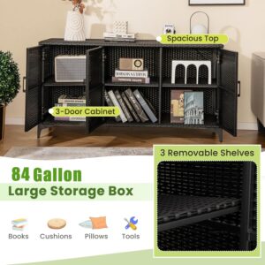 RELAX4LIFE 84-Gallon Outdoor Storage Box - Wicker Rattan 3-Door Patio Storage Cabinet Container w/Removable Shelves for Cushions, Garden Tools, Pool & Sports Equipment, Indoor Outdoor Deck Box (Black)