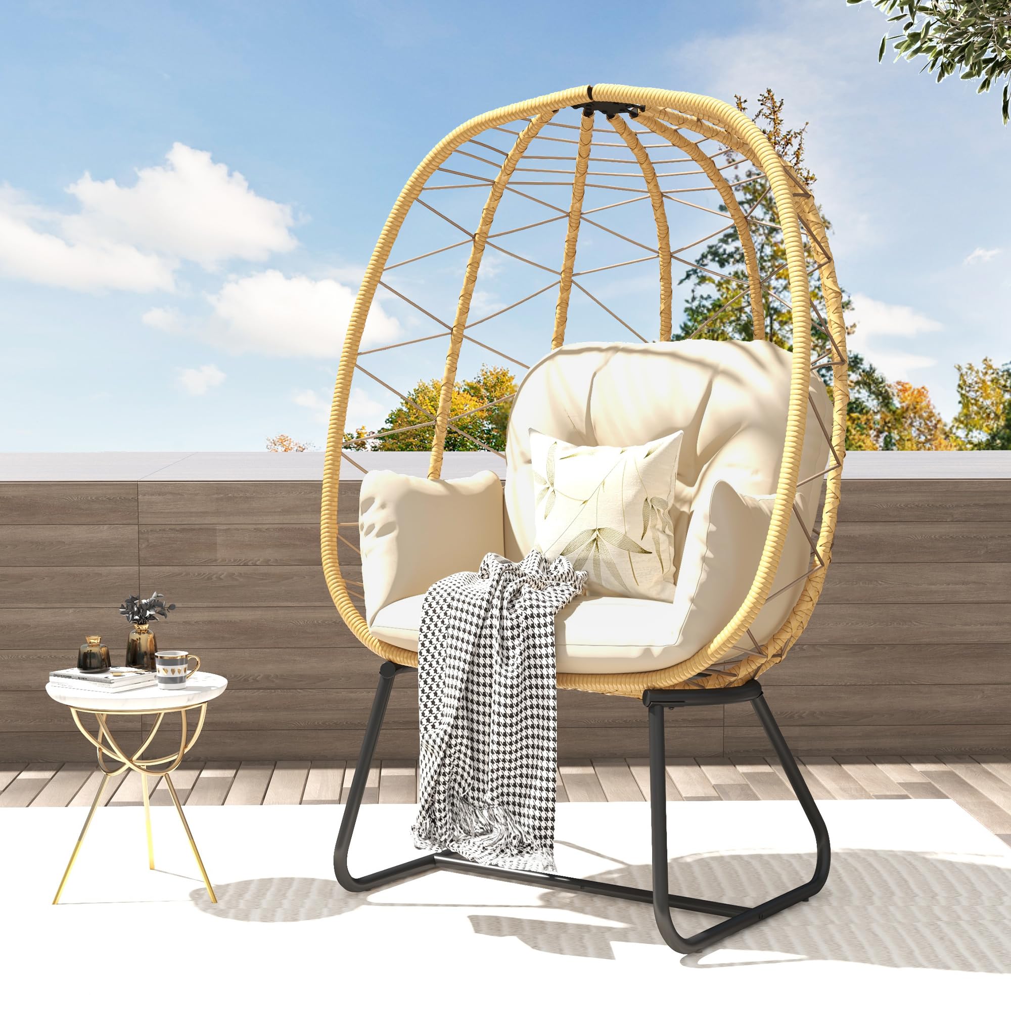 DWVO Egg Basket Chair Patio Chair with Stand Anti-Slip All-Weather Poratble Wicker Egg Lounger Chair for Indoor Outdoor 330LBS (Beige)