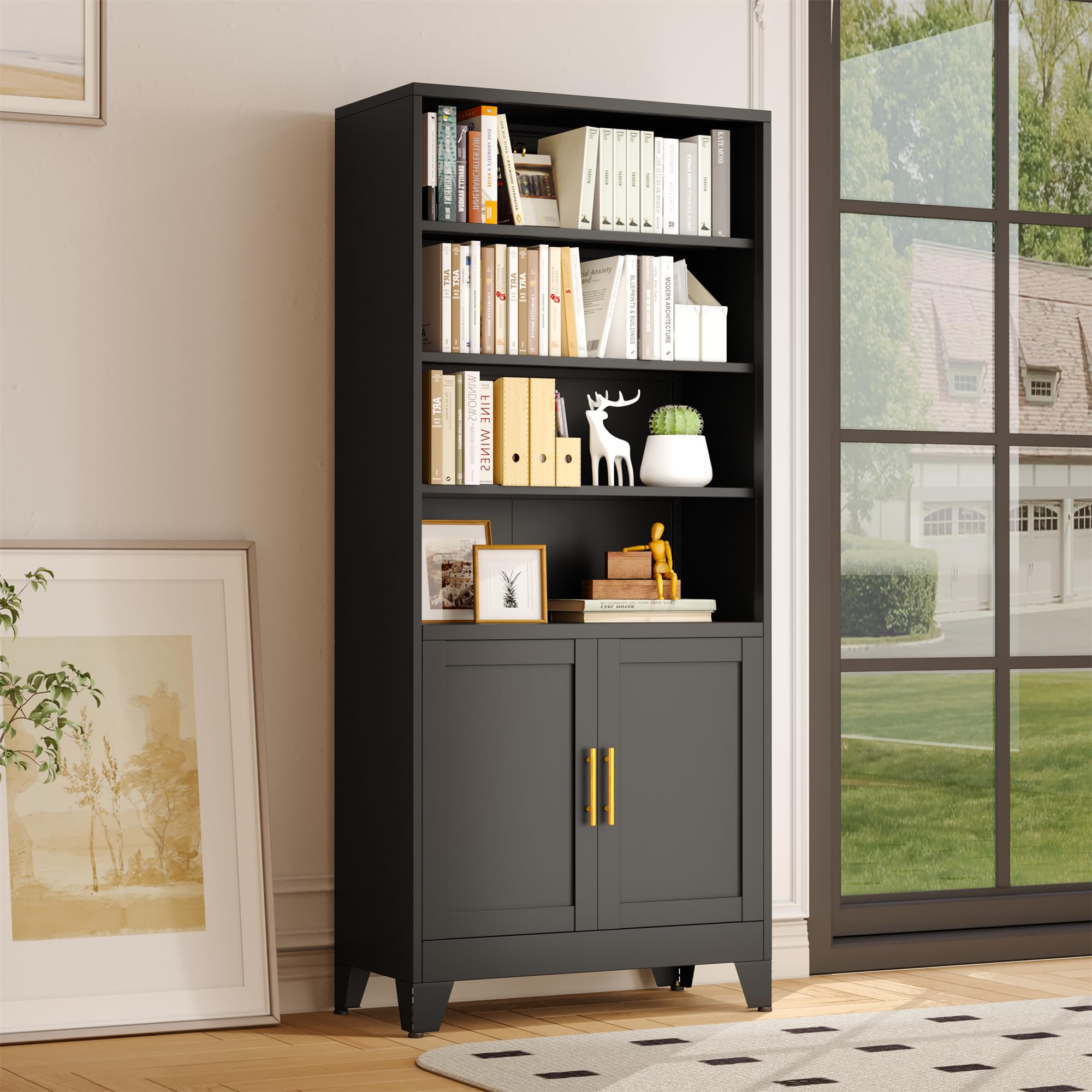 71"H Metal Bookcases and Bookshelves with 2 Doors and Adjustable Shelves，Tall Storage Cabinet Industrial Bookshelf 6-Tier Open Display Shelf，Decor Furniture for Home, Office, Living Room, Bedroom