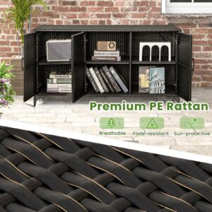 RELAX4LIFE 84-Gallon Outdoor Storage Box - Wicker Rattan 3-Door Patio Storage Cabinet Container w/Removable Shelves for Cushions, Garden Tools, Pool & Sports Equipment, Indoor Outdoor Deck Box (Black)