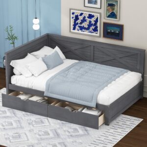 bellemave rustic twin size daybed frame with storage drawers, day bed twin size,wood daybed twin size with storage for living room,bedroom guest room,ancient grey