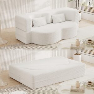 litvz folding sofa bed queen, lazy floor sofa couch with 8 inch folding mattress, 2-in-1 convertible foam compressed sofa fold out couch bed for adults (white)