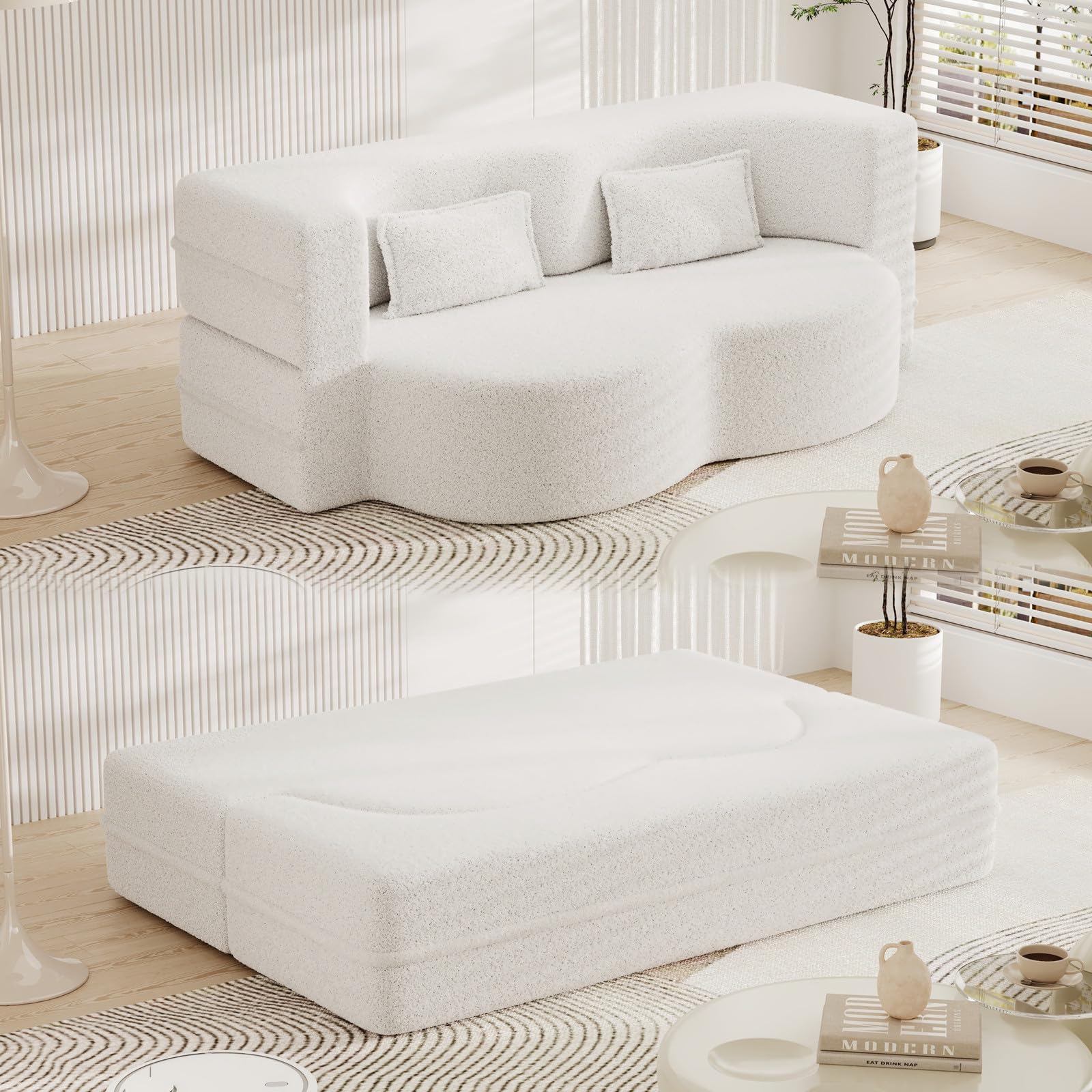 LITVZ Folding Sofa Bed Queen, Lazy Floor Sofa Couch with 8 Inch Folding Mattress, 2-in-1 Convertible Foam Compressed Sofa Fold Out Couch Bed for Adults (White)