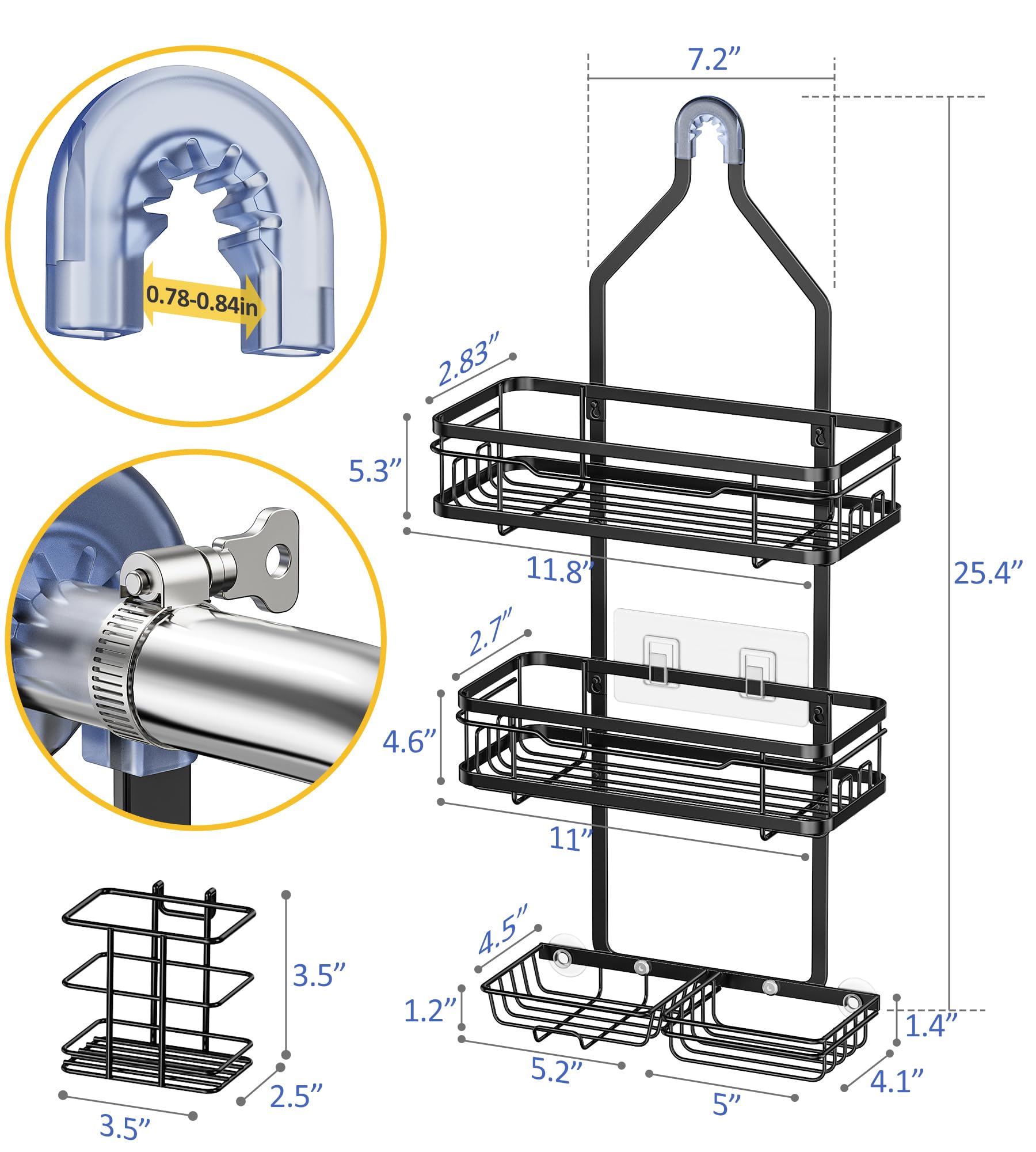 5-Pack Stainless Steel Shower Caddy Hanging Shower Organizer, No Drilling Rust-free Adjustable Non-Slip Non-Shake Bathroom Caddy Organizer storage for Inside Bath Over Shower Head Rack Holder, Black