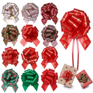 12 pcs large christmas bows for gift wrapping,5 inch wide xmas pull bows for presents,christmas gift bows for gift baskets,christmas tree,wine bottles,christmas decorations (mix color)