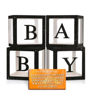 ledido black glitter transparent balloon boxes,baby boxes with letters for baby shower letter box with 78 letters clear balloon boxes for graduation prom party, birthday, halloween,4pcs