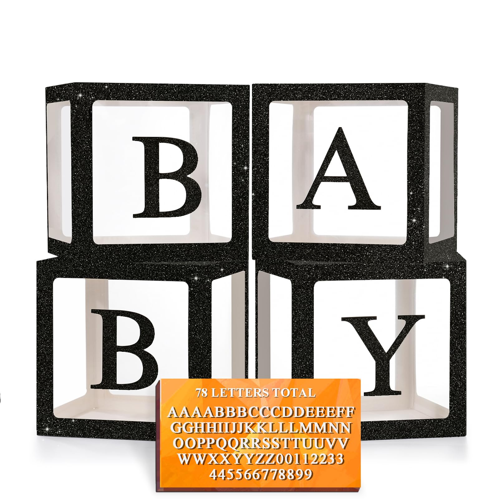 Ledido Black Glitter Transparent Balloon Boxes,Baby Boxes with Letters for Baby Shower Letter Box With 78 Letters Clear Balloon Boxes for Graduation Prom Party, Birthday, Halloween,4PCS