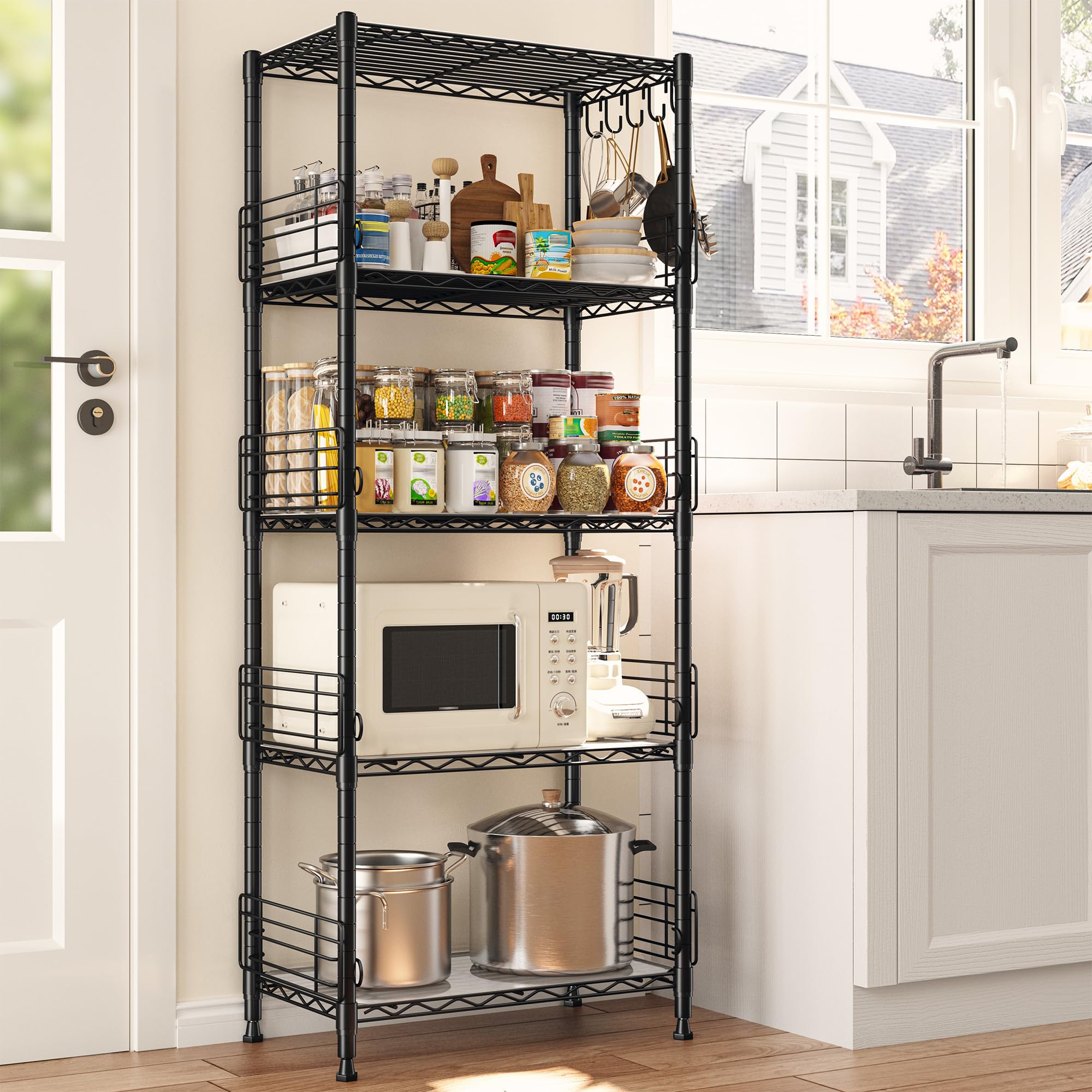 REIBII 5-Tier Storage Shelves Wire Shelving Unit with Side Blockers Adjustable Metal Shelves for Storage Rack with 5 Hooks & Shelf Liners Metal Shelving for Small Space, Kitchen Bathroom Closet Pantry