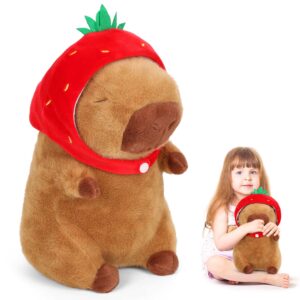 cute capybara plush wearing strawberry hat, 12 inch capybara stuffed toy animals plushies, soft capybara doll pillow for kids boys girls birthday gifts