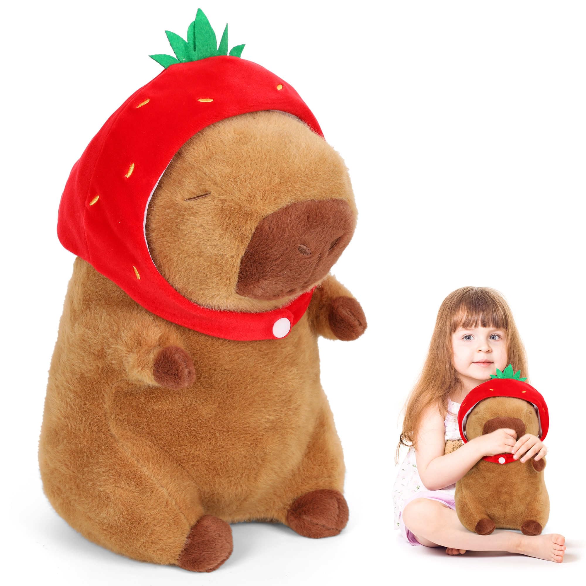 Cute Capybara Plush Wearing Strawberry Hat, 12 INCH Capybara Stuffed Toy Animals Plushies, Soft Capybara Doll Pillow for Kids Boys Girls Birthday Gifts