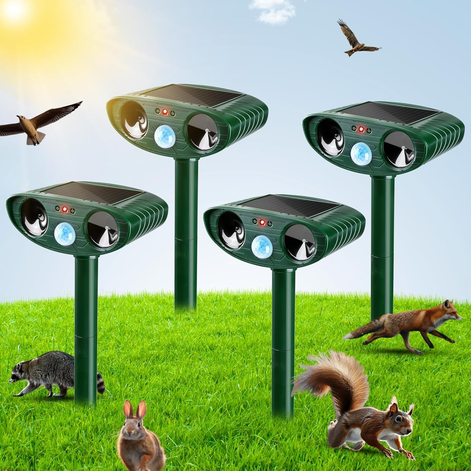 Thoveneth 4 Pack Ultrasonic Animal Repellent Outdoor Solar Animal Repeller with Motion Sensor Deer Repellent Device Waterproof Cat Deterrent to Repel Squirrel Dog Rabbit Skunk Raccoon