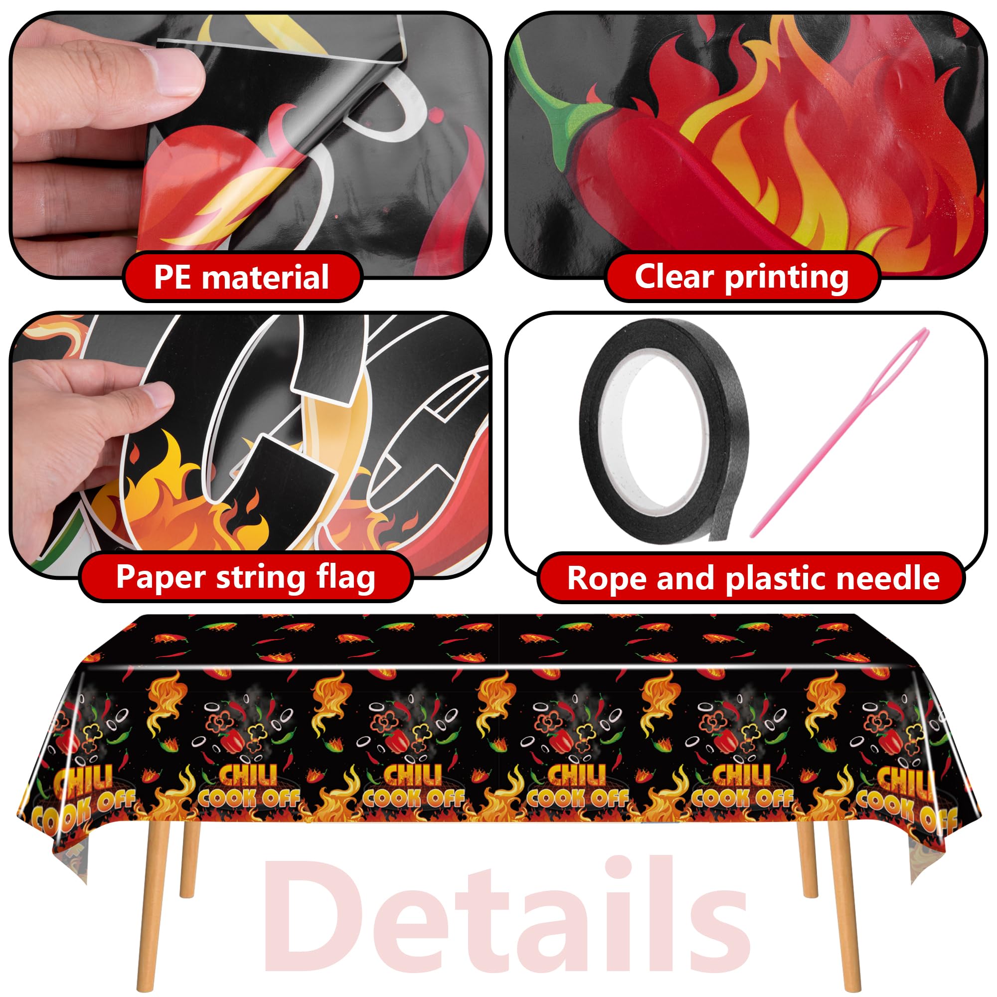 Iceyyyy 4 Pcs Black Chili Cook Off Table Decorations Set-108" x 54" Chili Pepper Flame Table Covers 33 Ft Cooking Chili Contest Banner-Disposable Chili Pepper Party Decorations for Party Supplies