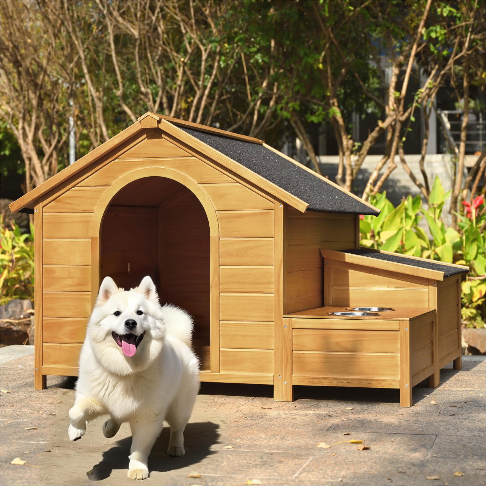 LUSPAZ 51.18 Inch Large Size Wooden Dog House, for Large Dog Breeds, Cabin Style Raised Dog Shelter with Asphalt Roof, Solid Wood, Weatherproof, Nature