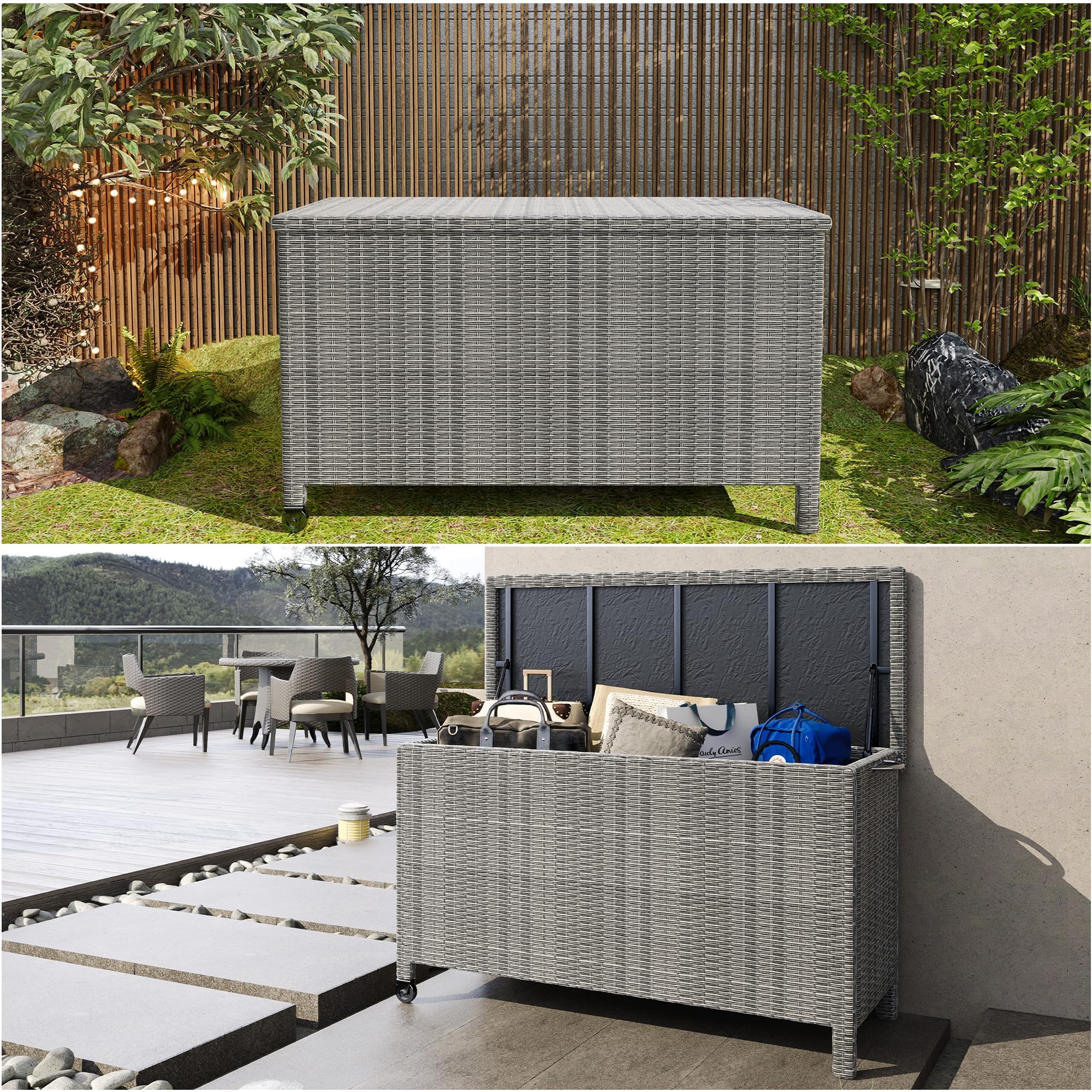 SUNNYFURN 120 Gallon Wicker Deck Box, Patio Deck Box Outdoor Storage Box, Patio Rattan Deck Box, Rattan Outdoor Bins, with Wheels Large Storage Bench Box, for Patio Furniture, Outdoor, Grey