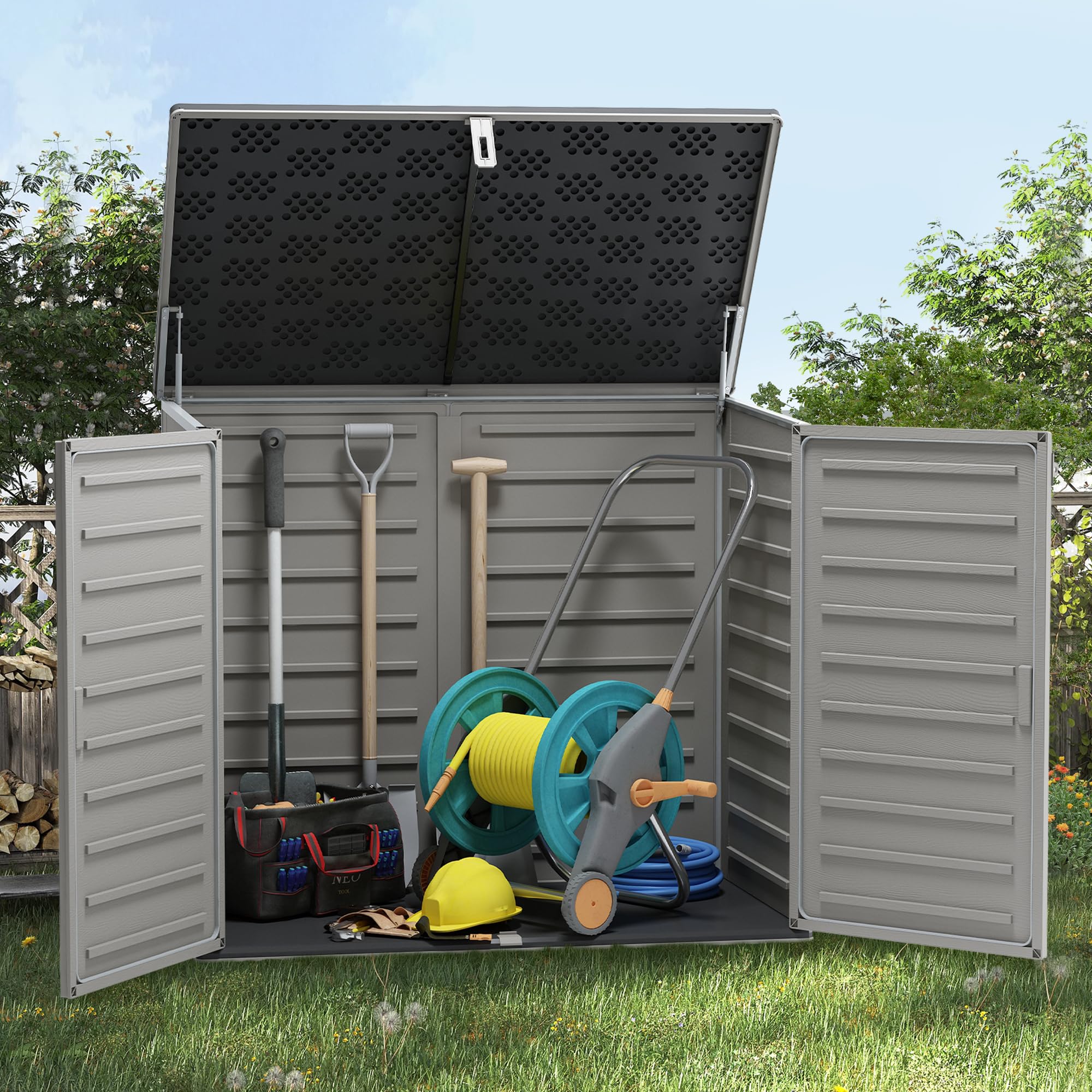 COCLUB 4.6 ft x 4.1 ft Resin Outdoor Storage Shed, 49.5 Cu Ft Extra Large Horizontal Tool Sheds, Multi-Purpose Storage Cabinet for Trash Cans, Garden Tools, Lawn Mower, Double Lockable Doors