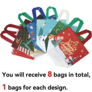 Qirrmiy 8-Pack Large Christmas Gift Bags With Handle, Reusable Non-Woven Holiday Bags, Red, Green and Blue Tote Bags for Xmas Party Favors Holiday Presents and Decorations 12.8” x 9.8" x 6.7”, 8 Pcs