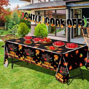 Iceyyyy 4 Pcs Black Chili Cook Off Table Decorations Set-108" x 54" Chili Pepper Flame Table Covers 33 Ft Cooking Chili Contest Banner-Disposable Chili Pepper Party Decorations for Party Supplies