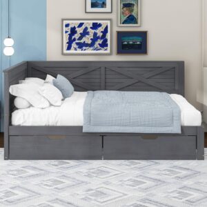 Bellemave Rustic Twin Size Daybed Frame with Storage Drawers, Day Bed Twin Size,Wood Daybed Twin Size with Storage for Living Room,Bedroom Guest Room,Ancient Grey