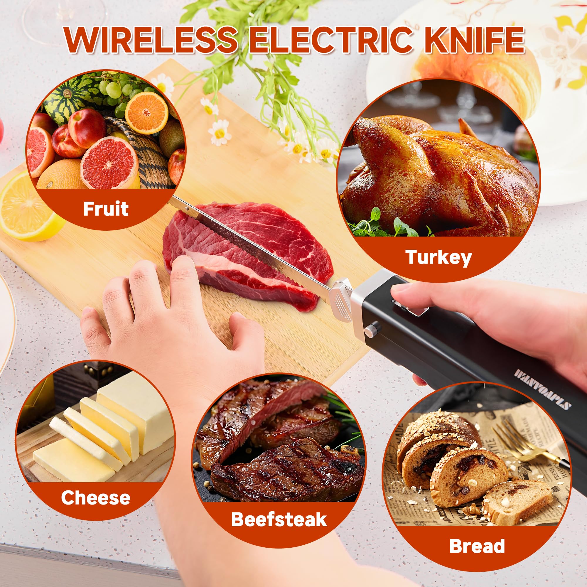 Wanvoapls Cordless Electric Knife Set - Rechargeable Carving Knife with Safety Lock, Black Ergonomic Handle with Knives and Forks, for Meat, Bread, Brisket Slicing, Thanksgiving and Christmas Gifts