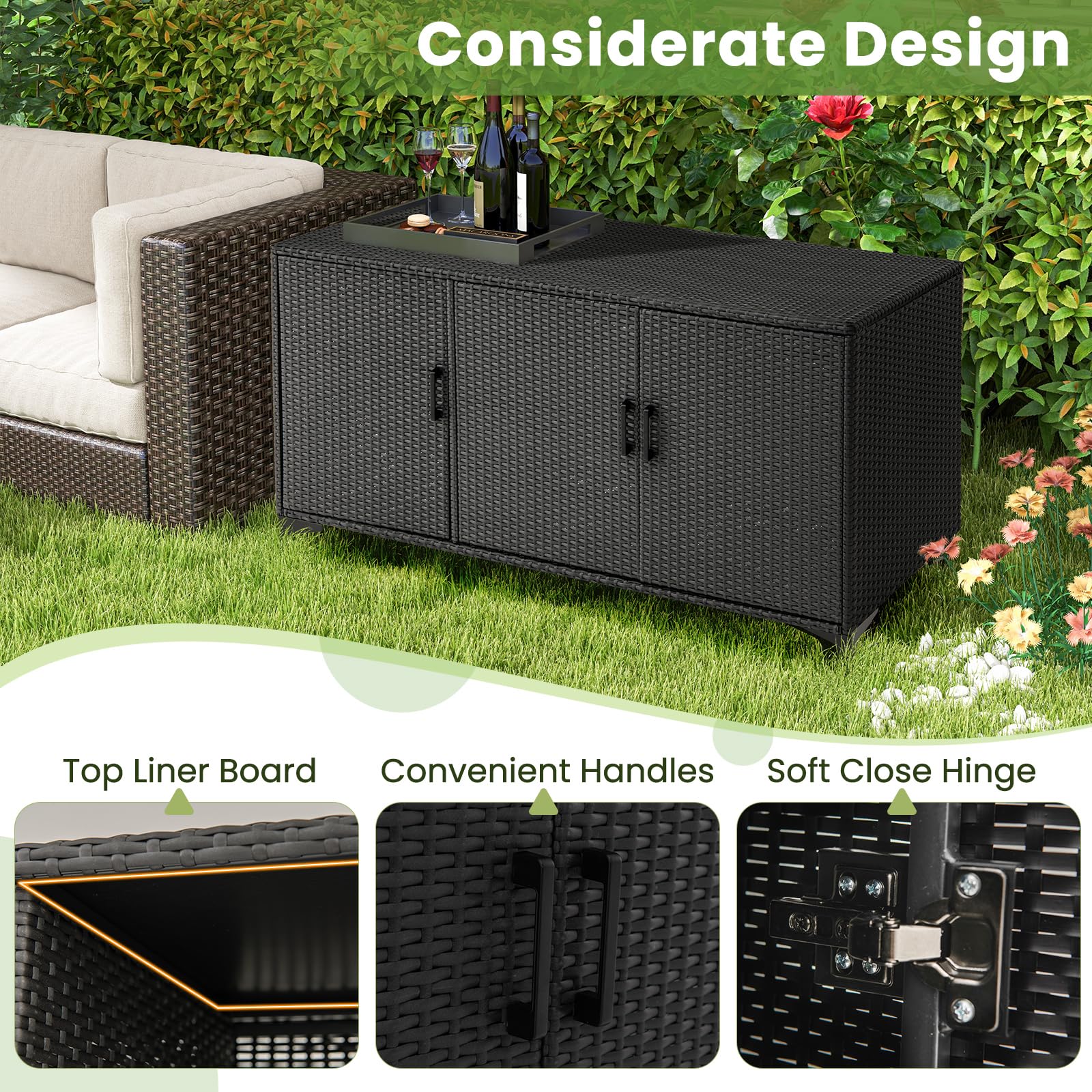 RELAX4LIFE 84-Gallon Outdoor Storage Box - Wicker Rattan 3-Door Patio Storage Cabinet Container w/Removable Shelves for Cushions, Garden Tools, Pool & Sports Equipment, Indoor Outdoor Deck Box (Black)