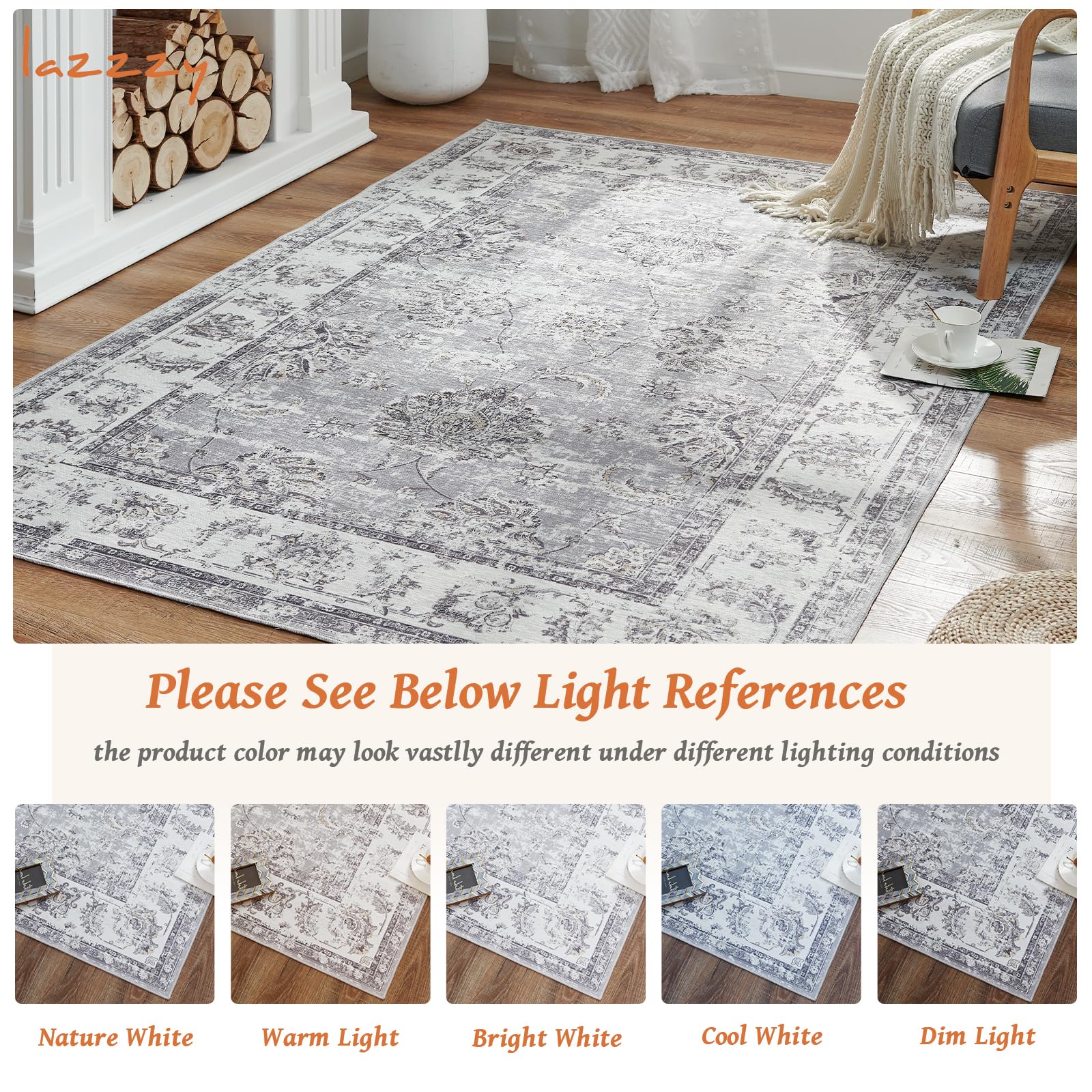 Lazzzy Area Rug 2x3 Entryway - Washable Rug Vintage Rug Floral Print Thin Rug Retro Accent Rug for Bathroom Kitchen Living Room Bedroom Grey