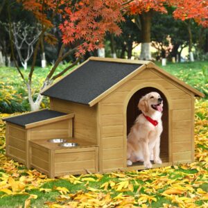 luspaz 51.18 inch large size wooden dog house, for large dog breeds, cabin style raised dog shelter with asphalt roof, solid wood, weatherproof, nature