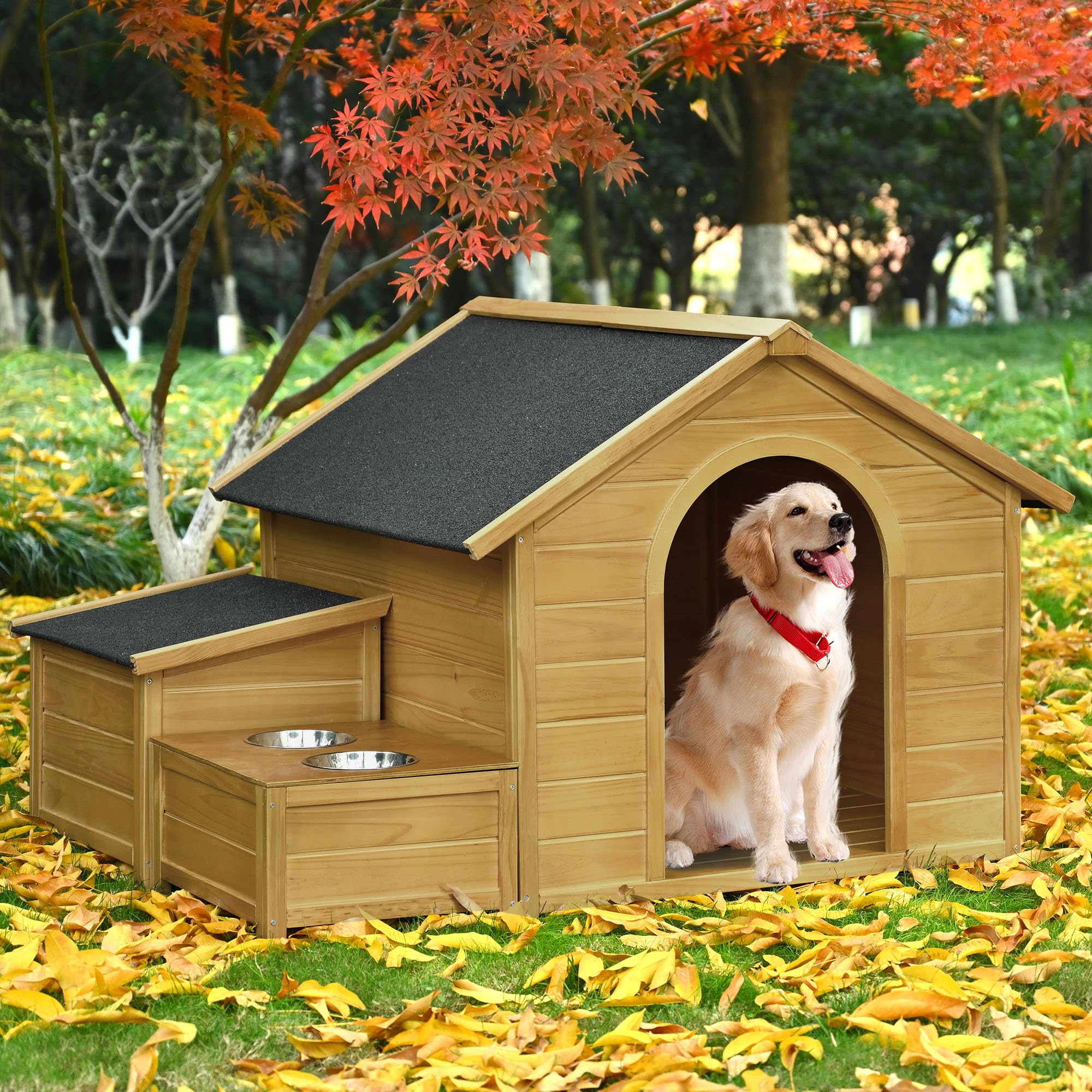 LUSPAZ 51.18 Inch Large Size Wooden Dog House, for Large Dog Breeds, Cabin Style Raised Dog Shelter with Asphalt Roof, Solid Wood, Weatherproof, Nature