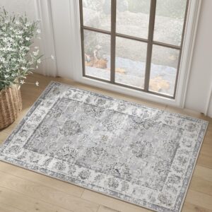 lazzzy area rug 2x3 entryway - washable rug vintage rug floral print thin rug retro accent rug for bathroom kitchen living room bedroom grey