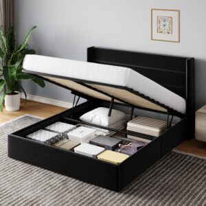 hoomic queen size lift up storage bed with wingback headboard/velvet upholstered platform bed frame/heavy-duty hydraulic bed/large underneath storage/strong wooden slats support/noise-free/black