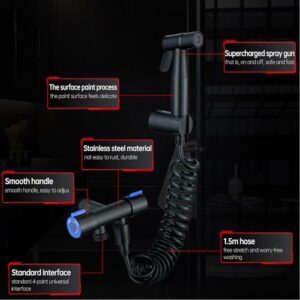 304Stainless Steel Toilet Bidet Sprayer Set with Dual Outlet Angle Valve -High-Pressure Handheld Spray Gun for Bathroom Cleaning. No Electricity Required (Black)