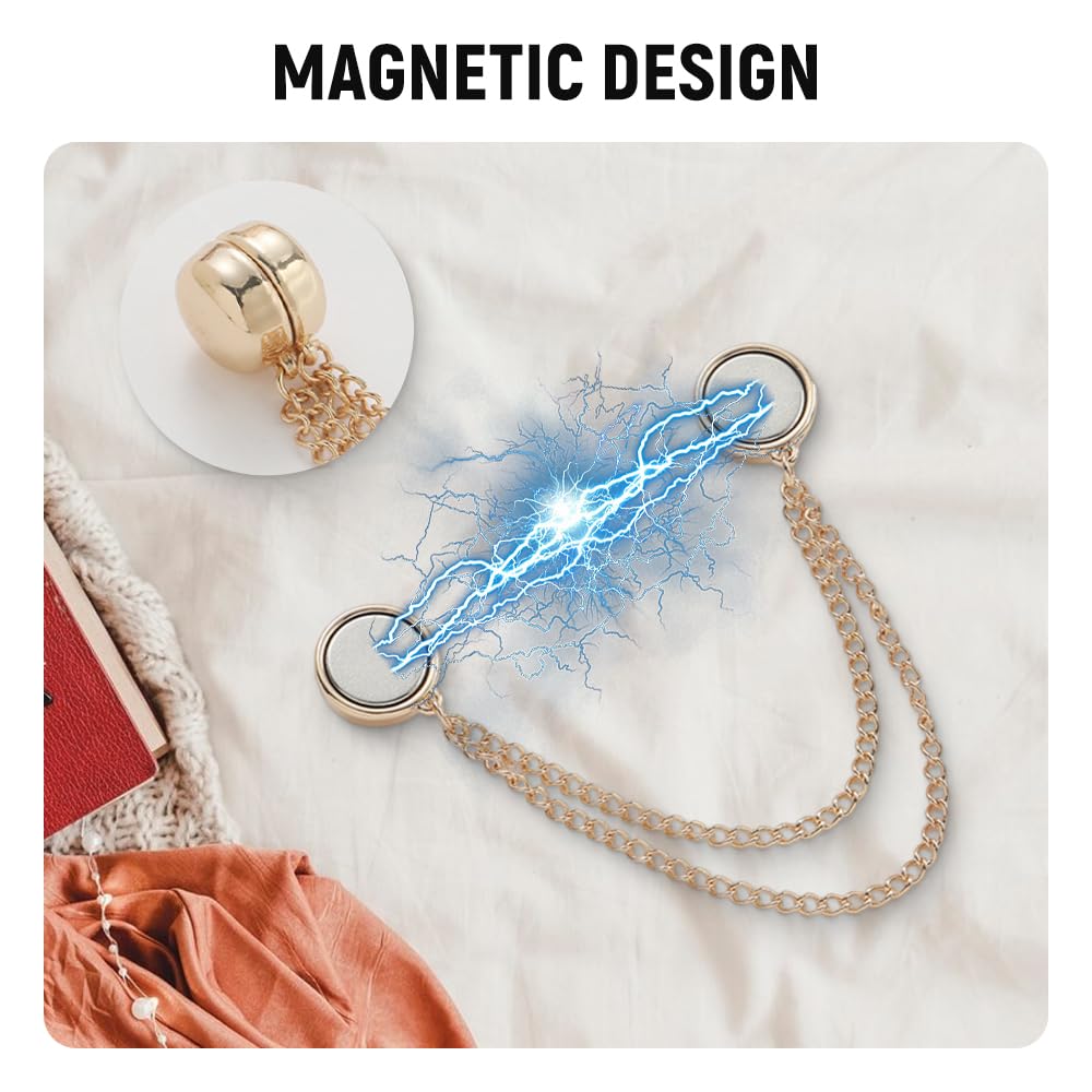 Multi-Function Magnetic Clothing Clips - Magnetic Clothing Clips with Chain Magnetic Buttons for Hijab, Loose T-Shirt Hems, Sleeves, Collar and Pants Hems (Silver - 4pcs)