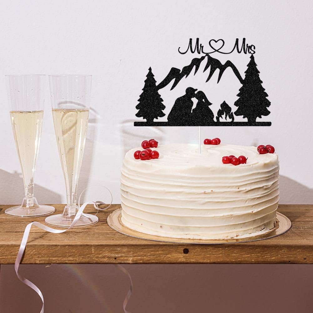 QXQXBA Mountain Wedding Cake Topper, Romantic Outdoors Forest Hiking Mr and Mrs Wedding Party Decoration, The Groom Kissing Bride Cake Decors, Black Glitter