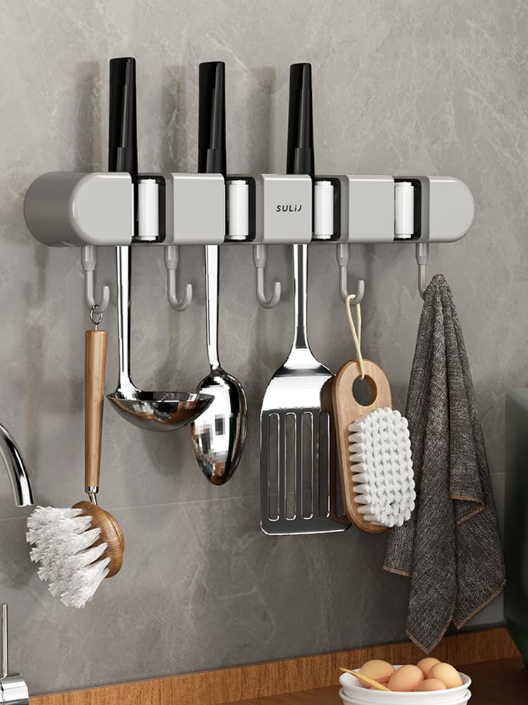 ZLHETWT 3Pcs Broom Mop Holder with Hooks, Wall Mounted Mop Holder Hanger Non Perforated Plastic Broom Storage Rack Adhesive Design Mop Broom Organizer for Bathroom Kitchen Garage