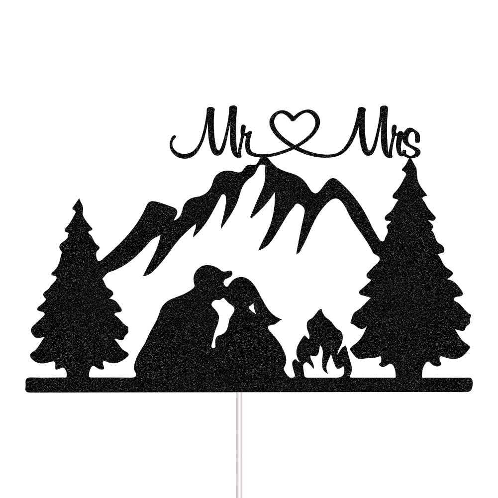 QXQXBA Mountain Wedding Cake Topper, Romantic Outdoors Forest Hiking Mr and Mrs Wedding Party Decoration, The Groom Kissing Bride Cake Decors, Black Glitter