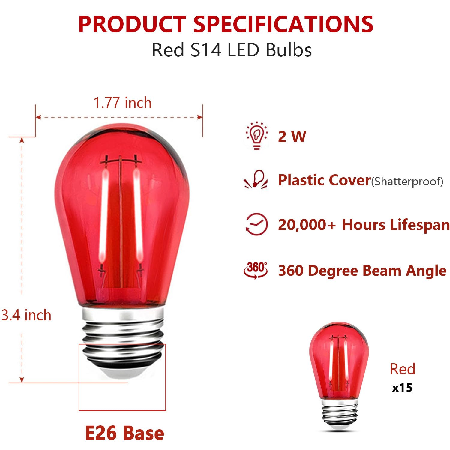 GUILEDUO 15 Pack S14 LED Red String Light Bulbs, Shatterproof 2 Watt Red Replacement Bulbs for Outdoor String Light, Waterproof Decorative E26 Base Red Filament Edison Christmas Light Bulbs, 120V