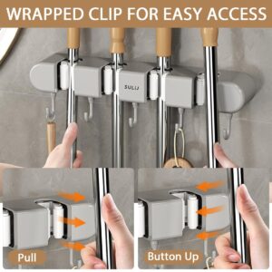 ZLHETWT 3Pcs Broom Mop Holder with Hooks, Wall Mounted Mop Holder Hanger Non Perforated Plastic Broom Storage Rack Adhesive Design Mop Broom Organizer for Bathroom Kitchen Garage