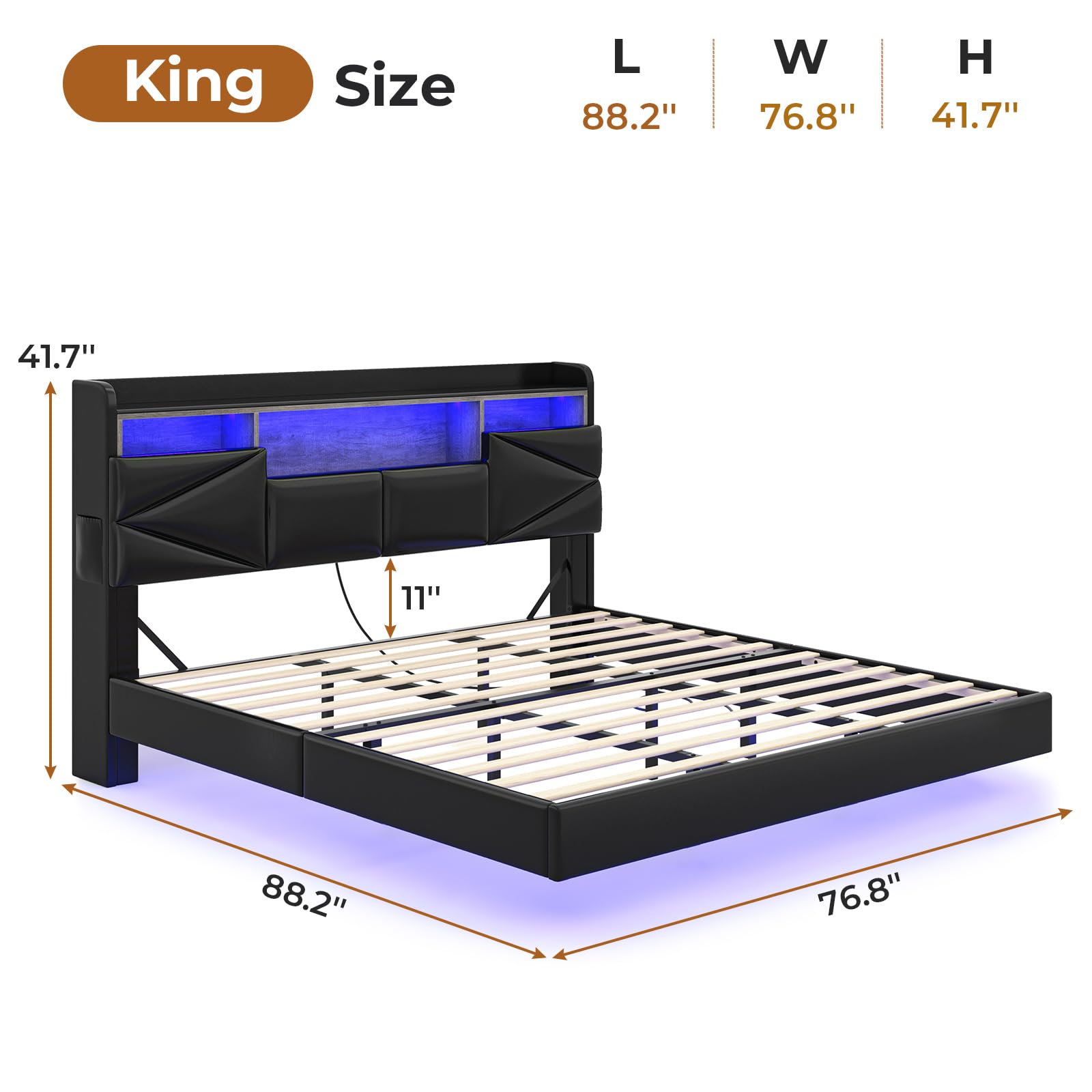 BTHFST Floating King Bed Frame with Storage Headboard & Charging Station, RGB LED Floating Platform Bed, Solid Wood Slats Support, No Box Spring Needed, PU Black