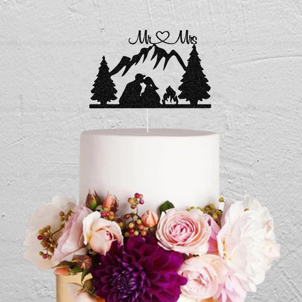 QXQXBA Mountain Wedding Cake Topper, Romantic Outdoors Forest Hiking Mr and Mrs Wedding Party Decoration, The Groom Kissing Bride Cake Decors, Black Glitter