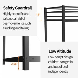 QSOSTNS Twin Over Twin Bunk Bed, Metal Low Profile Bunkbed with Side Ladder, Heavy-Duty Sturdy Metal, Noise Reduced, Safety Guardrail, No Box Spring Needed (Black)