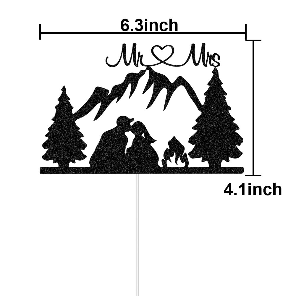 QXQXBA Mountain Wedding Cake Topper, Romantic Outdoors Forest Hiking Mr and Mrs Wedding Party Decoration, The Groom Kissing Bride Cake Decors, Black Glitter