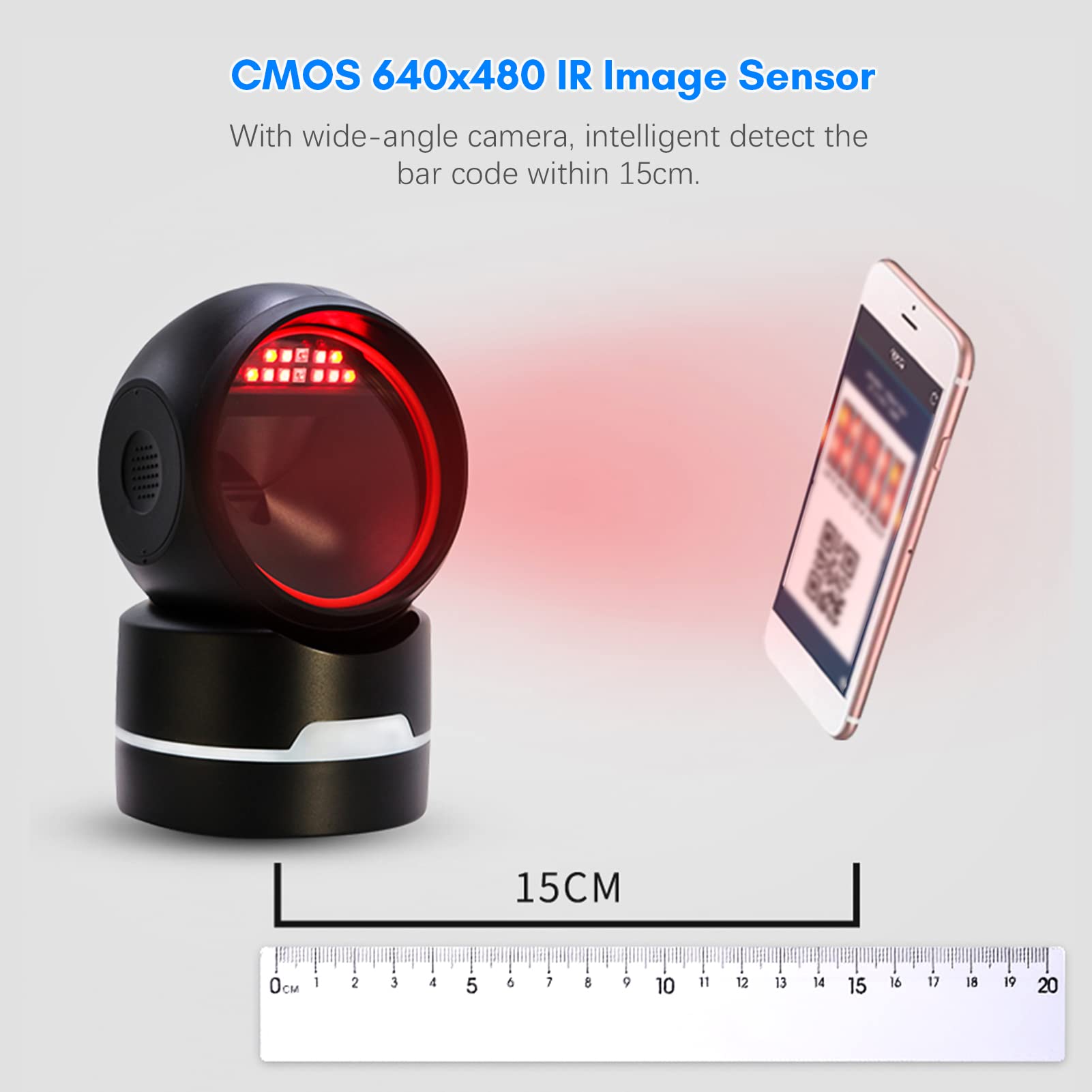 1D 2D QR Desk Wired Barcode Scanner Platform Hands-Free Automatic Sense Reader USB Port Plug&Play Compatible with Window Android System Image CMOS Sensor Suitable for Supermarket Retail